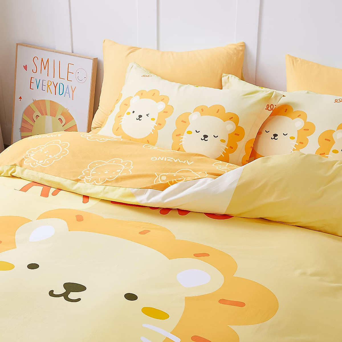 SAPHREAS Lion Kids Duvet Cover Set Twin Size 4pcs with Fitted Sheet Yellow Cute Animal Cartoon Pattern Comforter Cover Set 100% Cotton Quilt Cover 1pc Fitted Sheet 1pc Pillow Shams 2pcs(No Comforter)