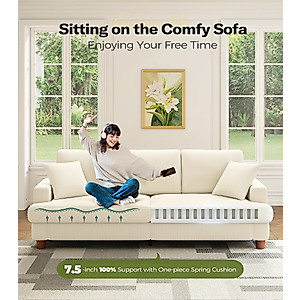 Kidirect 87in Beige White Sofa, Couches for Living Room 21in Extra Deep Seats, Comfy Corduroy Sofas for Living Room No Tool Assembly, Modern Oversized Love Seat with 2 Pillows, Sofa Couch for Bedroom