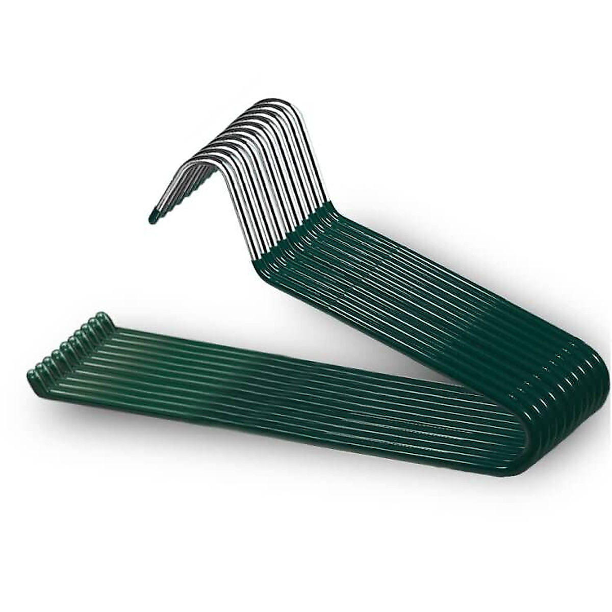 UPRA Multiple Slack/Trousers Pants Hangers 10 Pack,Anti-Rust Chrome Metal Hangers,Non Slip Rubber Coating,Space Saving,Open Ended or Easy-Slide Pant Airing Wet Clothes-Without Neckline Wrinkles,Green