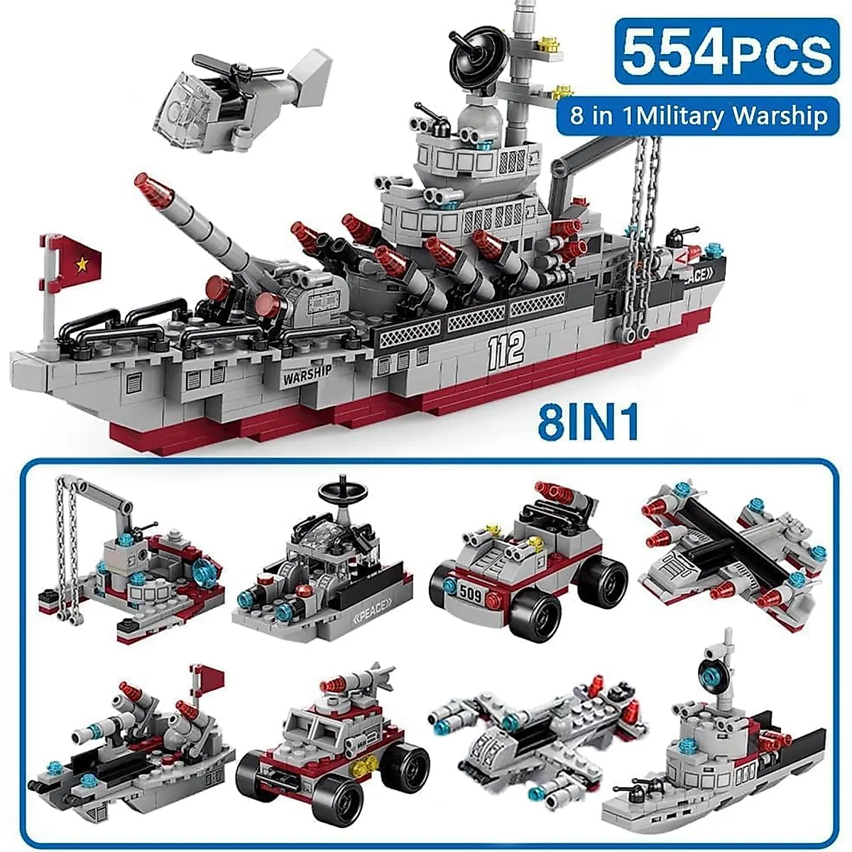 ENHANA Building Block Warship 25 in1 Battleship Building Kits for Kids City Helicopter Military Ship Bricks Kit Educational Toys for Boys Age 6 7 8 9 10 11 12 Years Old 554PCS