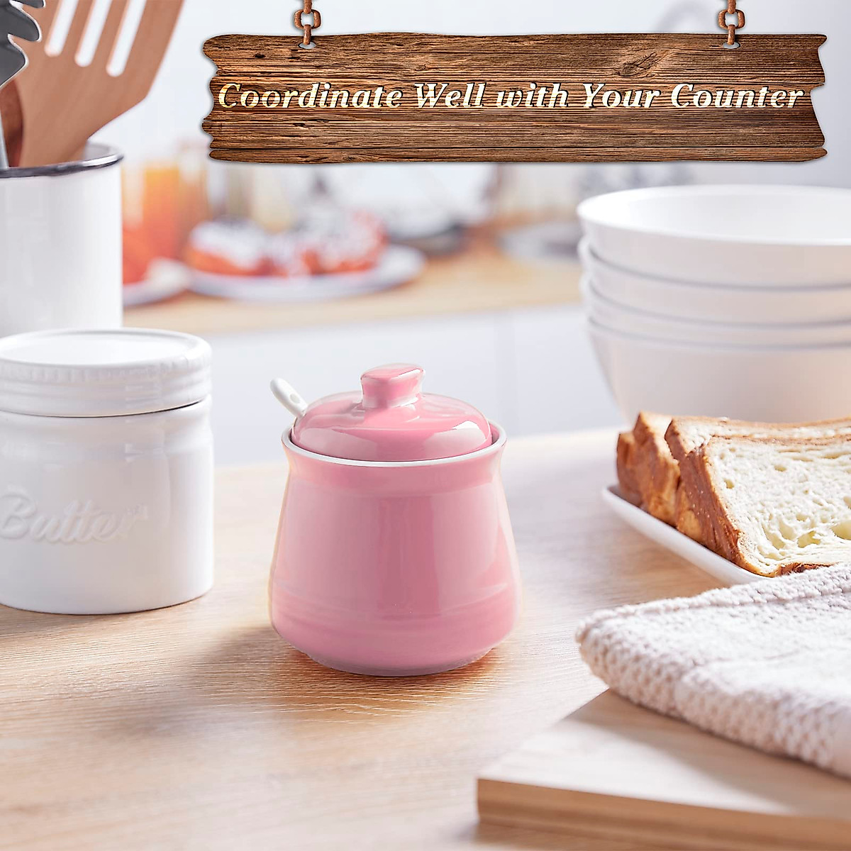 DAYYET Sugar Bowl with Lid and Spoon - 12 oz Ceramic Sugar Bowl with Spoon - Sugar Container for Coffee Bar - Sugar Jar Sugar Dispenser Bowl - Pink Kitchen Decor and Accessories