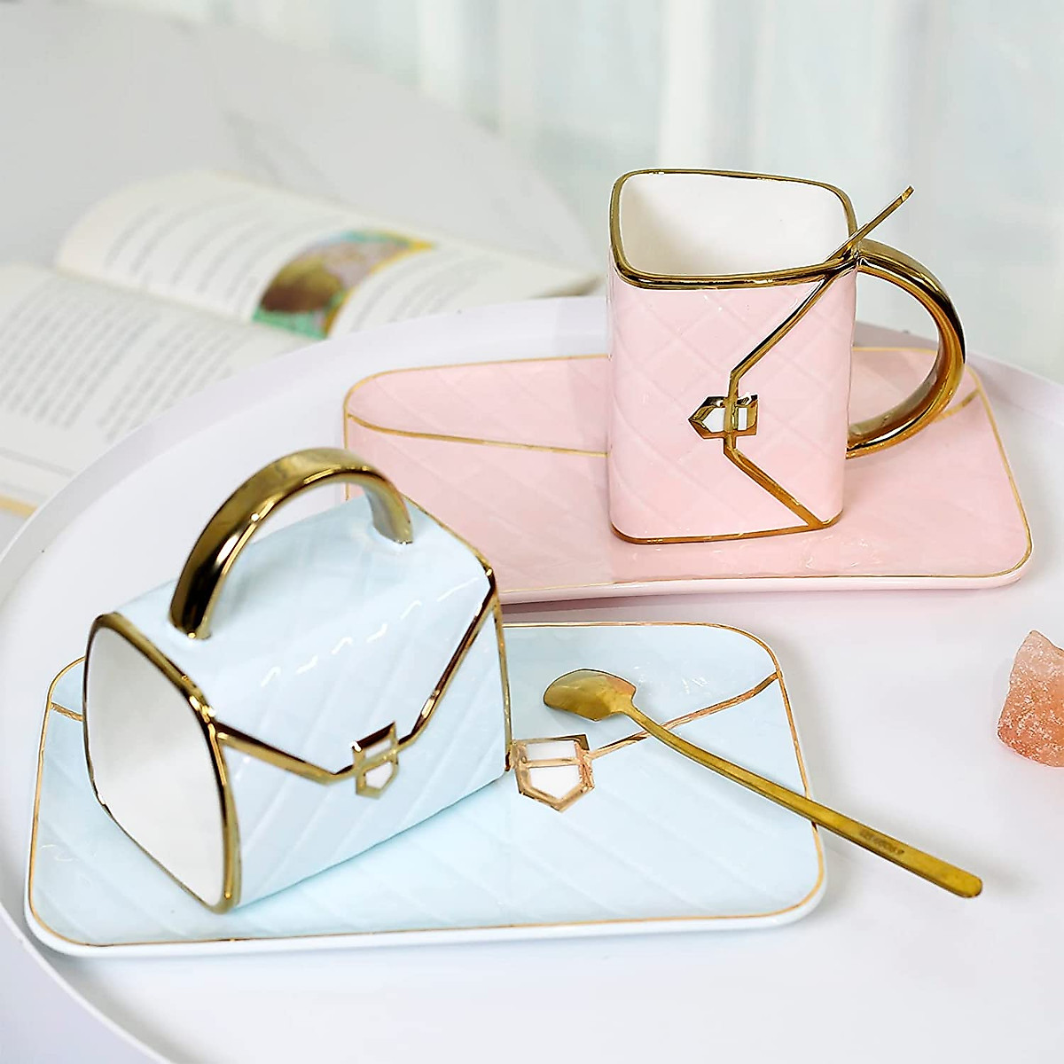 Ceramic Coffee Mugs Set of 4,Cute Creative Tea Cup Unique Design for Office and Home,Handbag Shaped Mugs with Spoon and Saucer,Dishwasher and Microwave Safe