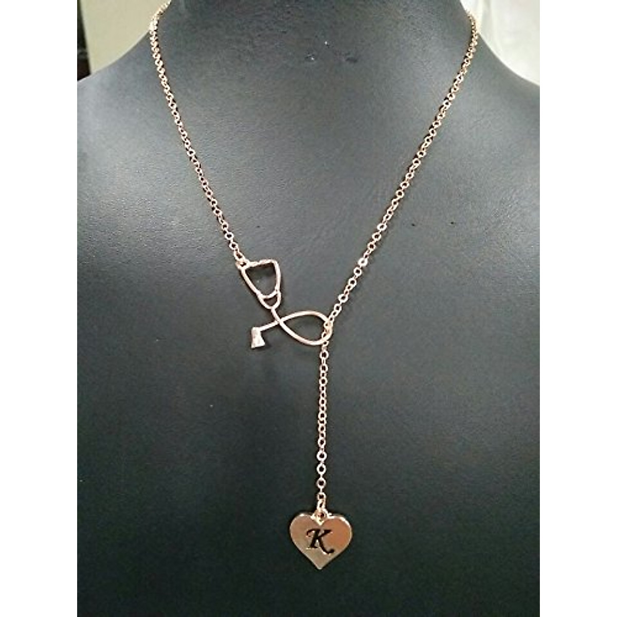 MANZHEN Rose Gold Plated Medicine Stethoscope Heart Initial Alphabet Letter Necklace for Doctor Nurse (B)