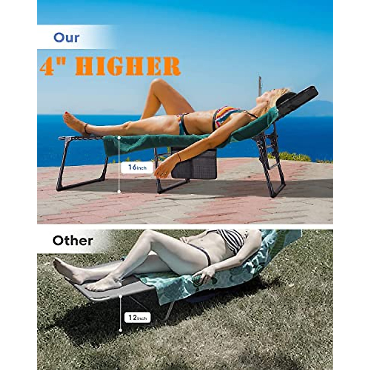 Ezcheer Outdoor Folding Lounge Chair Oversized, 4 inch Bigger XL Sun Tanning Chaise, Light-Weight Support 300lbs Lawn Camping Beach Recliner with Storage Bag (Blue)