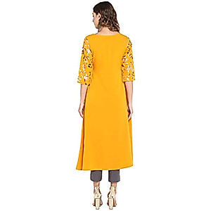 Janasya Women's Mustard Foil Printed Poly Crepe Kurta