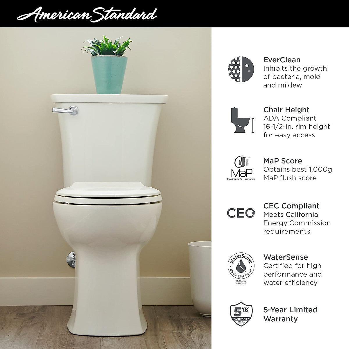 American Standard 204AA104.020 Edgemere Two-Piece Toilet, Elongated Front, Left-Hand Flush, White, 1.28 gpf