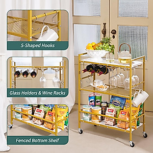 Yoobure Bar Cart with Wheels, Bar Carts for The Home, 3-Tier Rolling Kitchen Cart with Wine Rack and Glass Holder, Home Bar & Serving Carts with Hooks Wine Cart Microwave Cart for Kitchen Living Room