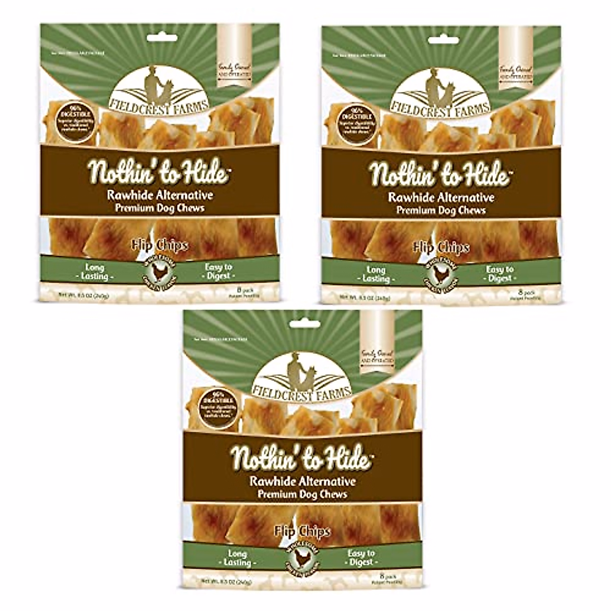 Fieldcrest Farms Nothin to Hide Flip Chips Dog Chews - All Natural Rawhide Alternative Treats for Dogs, Chicken, Beef or Peanut Butter Flavor Snack for All Breed Dogs - 3 Pack (Chicken)