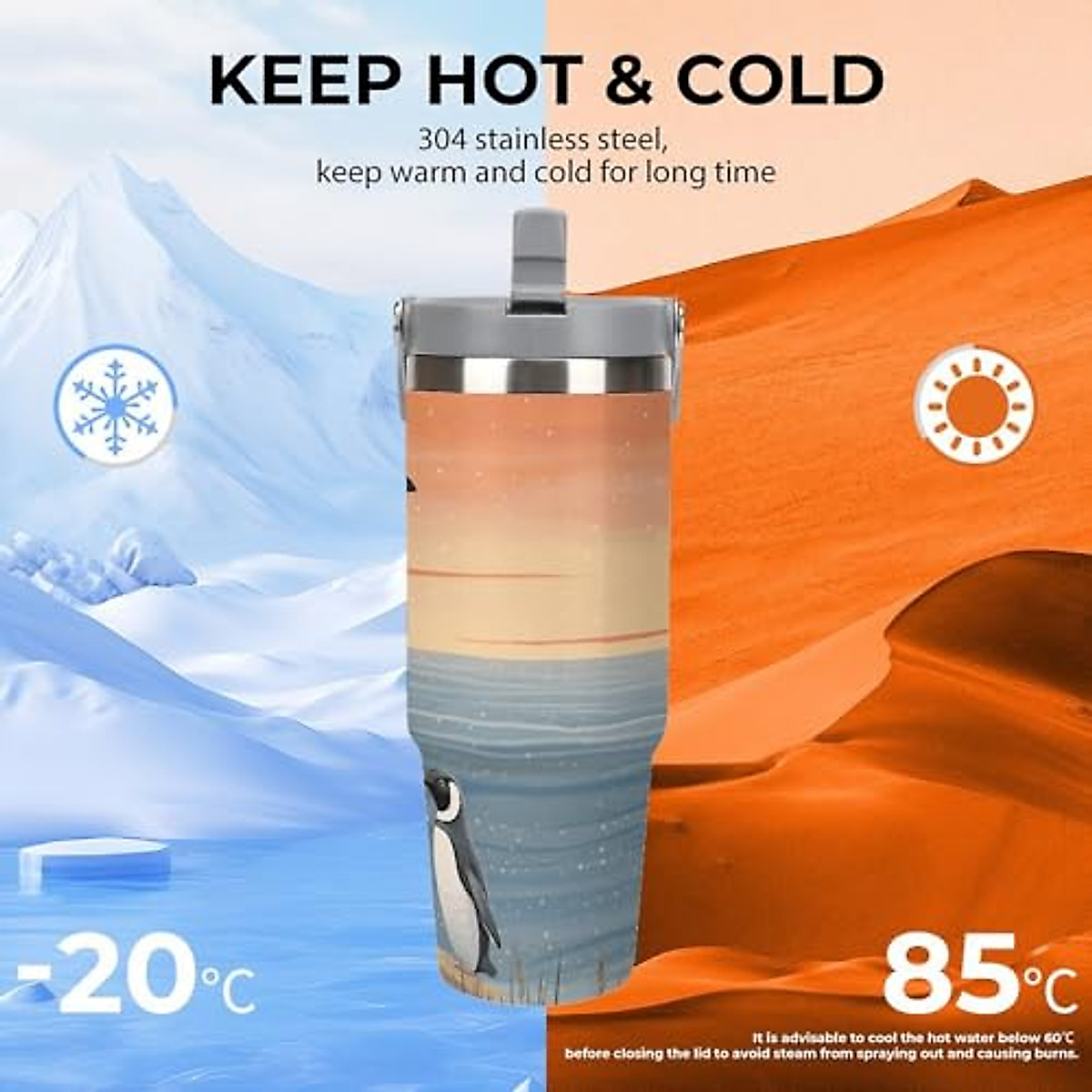 30oz Stainless Steel Insulated Tumbler with Flip Lid & Straw, Leakproof Travel Mug for Car, Hand Drawn Penguin Double Wall Vacuum Thermal Coffee Cup with Handle, Spill-Proof Design for Hot/Cold Drinks