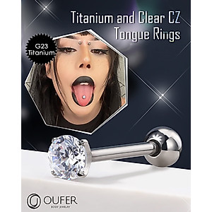 OUFER 14G Tongue Rings, Shiny Clear CZ Tongue Barbells, G23 Solid Titanium Tongue Piercing Jewelry, Nickel-free Tongue Ring for Women Men