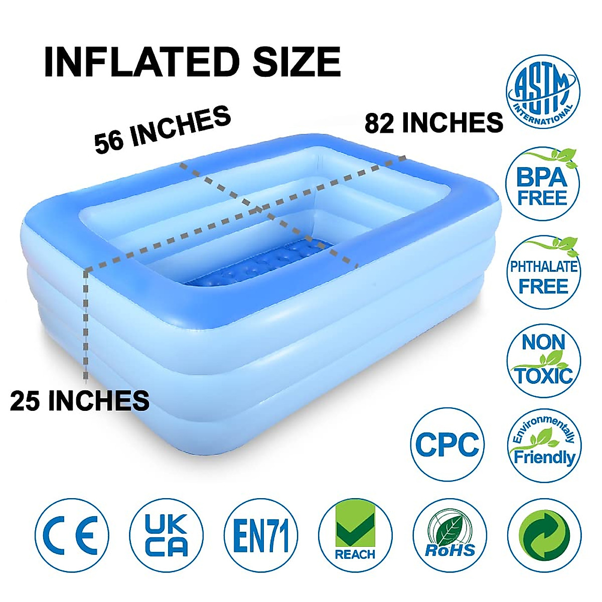 Inflatable Family Swim Play Center Pool, 82" x 56" x 25" Giant Blow Up Pool Summer Water Fun with Inflatable Soft Floor for Family, Garden, Outdoor, Backyard (Blue)