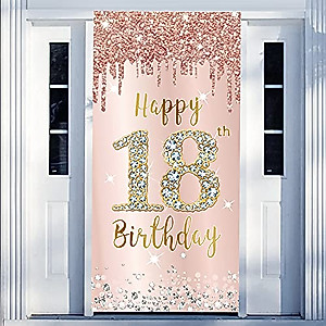 Happy 18th Birthday Door Banner Backdrop Decorations for Girls, Pink Rose Gold 18 Birthday Party Door Cover Sign Supplies, Eighteen Year Old Birthday Poster Background Photo Booth Props Decor