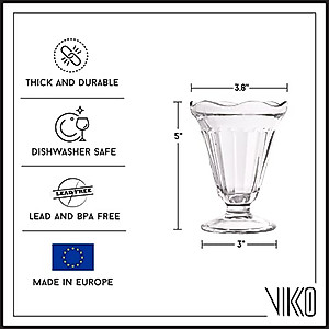 Vikko 7.5-Ounce Footed Ice Cream Cups, Classic Sundae Style Glass Cups, Thick and Durable, For Sundaes, Milkshakes, Ices, Desserts, Set of 6 Dessert Glasses 3.8” x 5”
