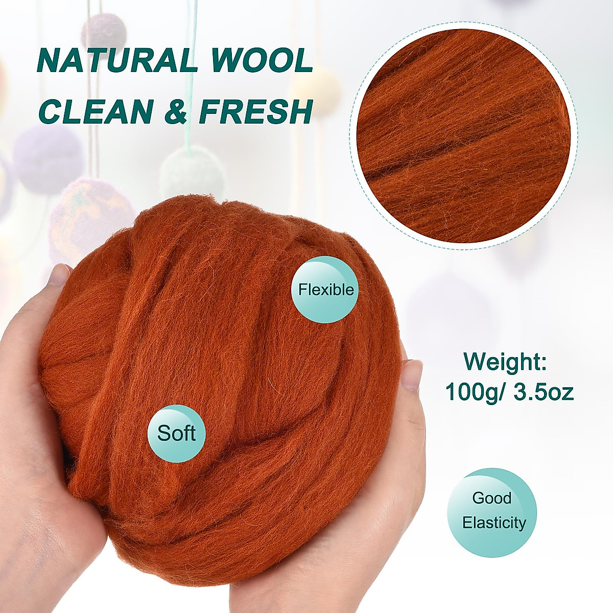 uxcell Needle Felting Wool, 3.5 Oz Nature Fibre Wool Yarn Roving for Wet Felting, Handcrafts, DIY Materials (Red Brown)