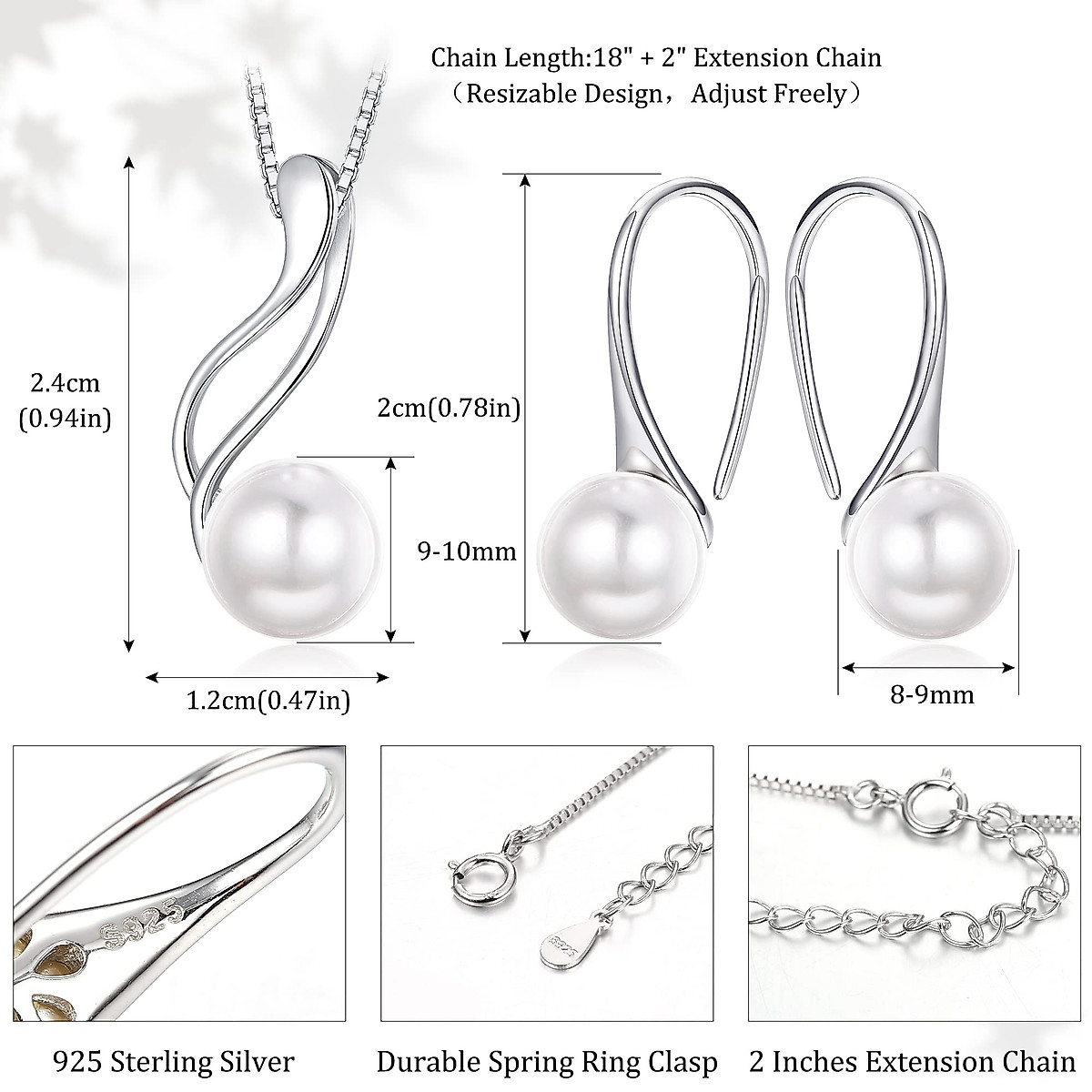 Milacolato Sterling Silver Pearl Jewelry Set 18K Gold Plated Genuine Freshwater Cultured Pearl Jewelry Pendant Necklace Pearl Earrings for Women Mom Mother's Day, White Pearl