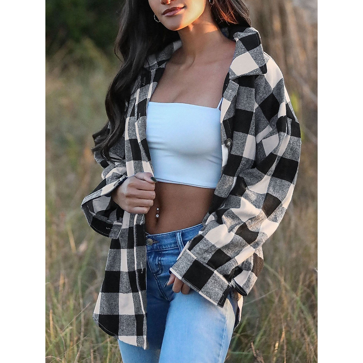ZAFUL Women's Classic Black Buffalo Plaid Shirt Collared Long Sleeve Button Down Pocket Shacket