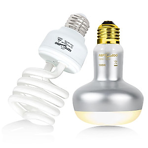 REPTIZOO Reptile Heat Lamp Bulb and UVB 10.0 Reptile Light Combo Pack, 100W Intense Basking Spot Light UVA Heat Lamp Bulb, 26W Energy Saving UVA UVB Bulb Spiral Compact Bulb