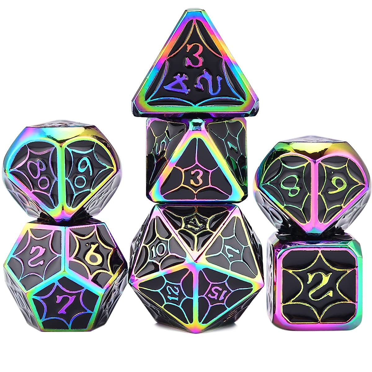 SUWEILE SZSZ Nebula Metal Polyhedral Dice Set D4 D6 D8 D10 D% D12 D20 for Table Games RPG DND 0212 (Color : White Rainbow8)