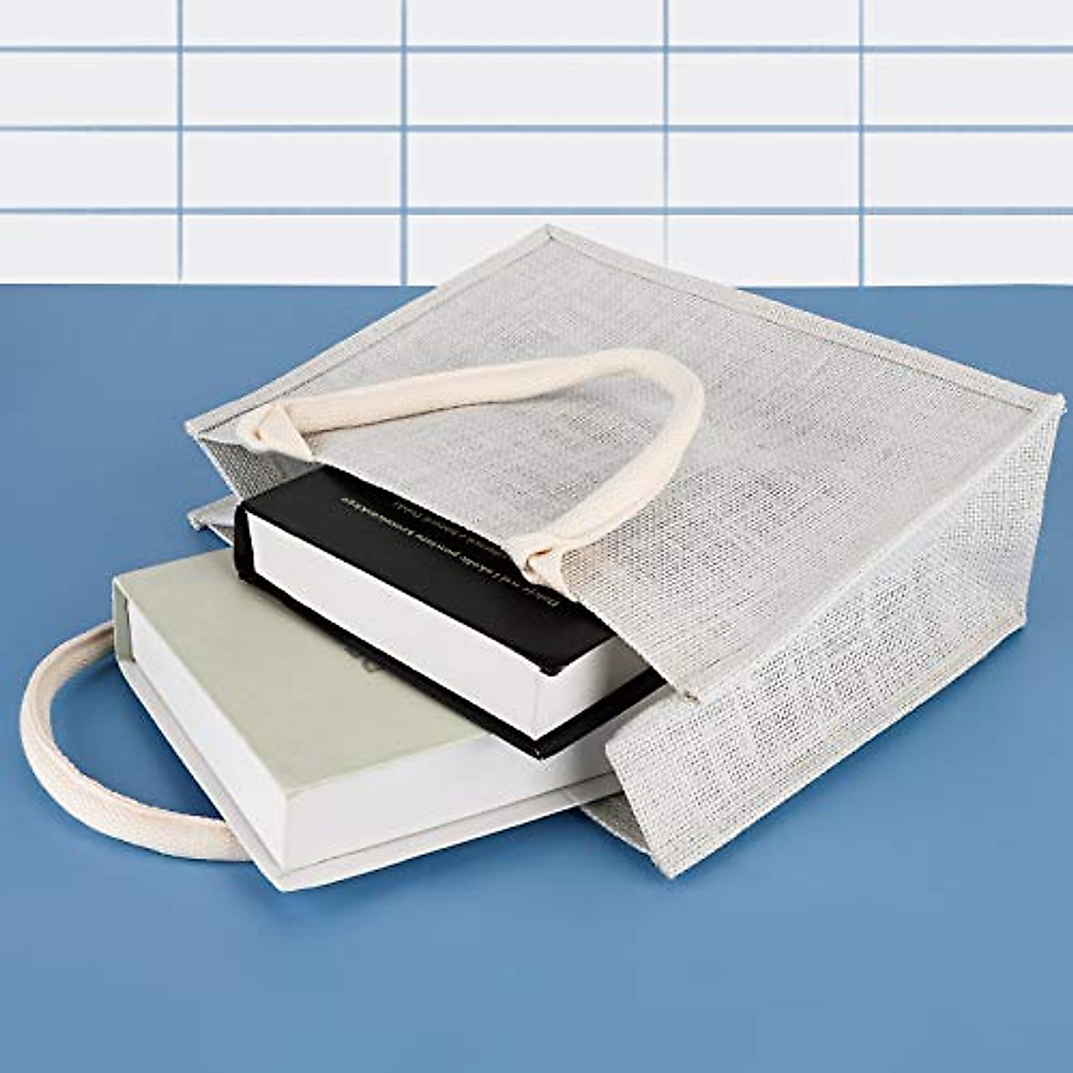 Segarty Tote Bags, 6 Pack Small White Burlap Jute Reusable Canvas Gift Favors Bag with Handles Blank Totes Bulk for Bridesmaid Wedding, Women Market Grocery Shopping, Bachelorette Party, Beach Trip