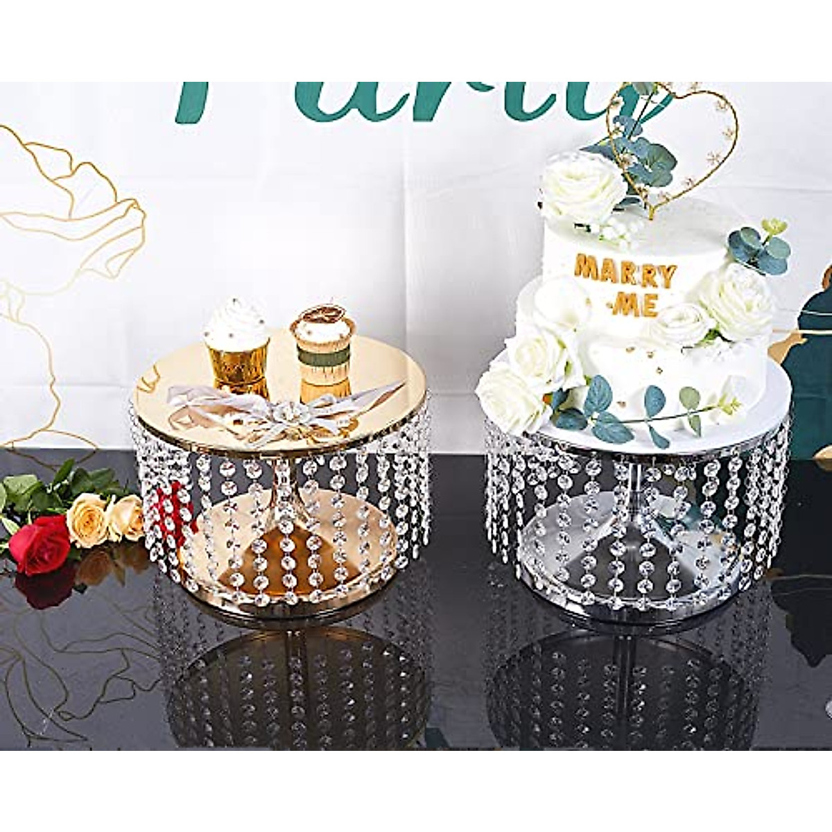 8 Inch Tall Wedding Gold Cake Stand - 12" Dia Round Base Cake Serving Stand with Crystal Chandelier, Dessert Cupcake Pastry Candy Display Plate for Weddings, Birthdays and Special Occasions