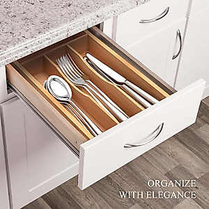 Small Silverware Organizer, Bamboo Kitchen Drawer Organizer, Utensil Holder, Cutlery Tray & Spoon Flatware Storage with Grooved Drawer Dividers