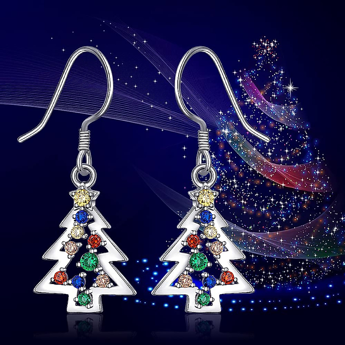 Christmas Tree Dangle Earrings Drop Star S925 Sterling Sliver for Women Colorful CZ Hypoallergenic Piercing Cute Fish Hook Festive Winter Holiday Jewelry Xmas Gift