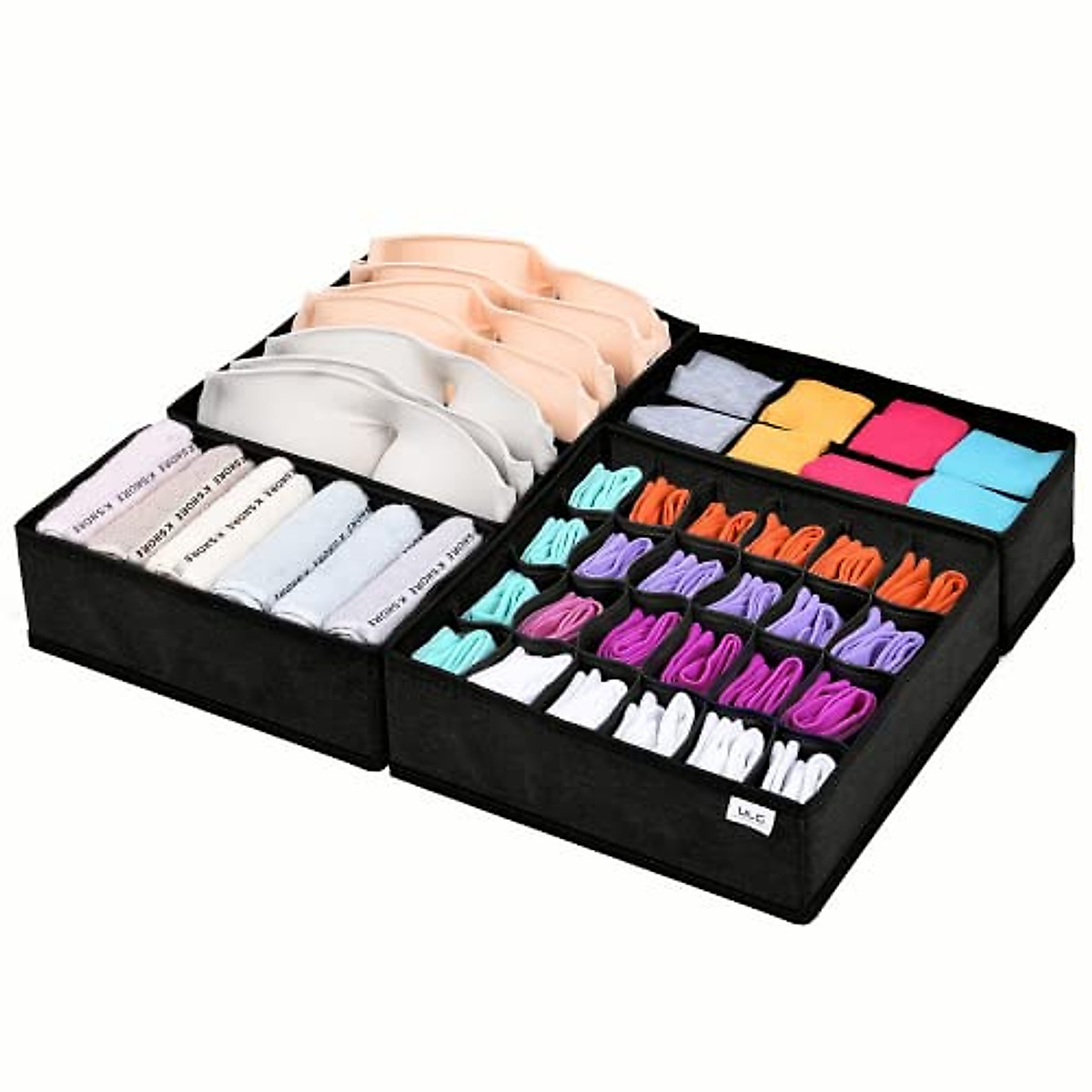 ULG 4 Pack Socks Underwear Drawer Organizer Divider, Washable Dresser Foldable Oxford Fabric Closet Organizers and Storage Boxes for Socks, Underwear, Ties, Belts (Black), Large (UL421041503)