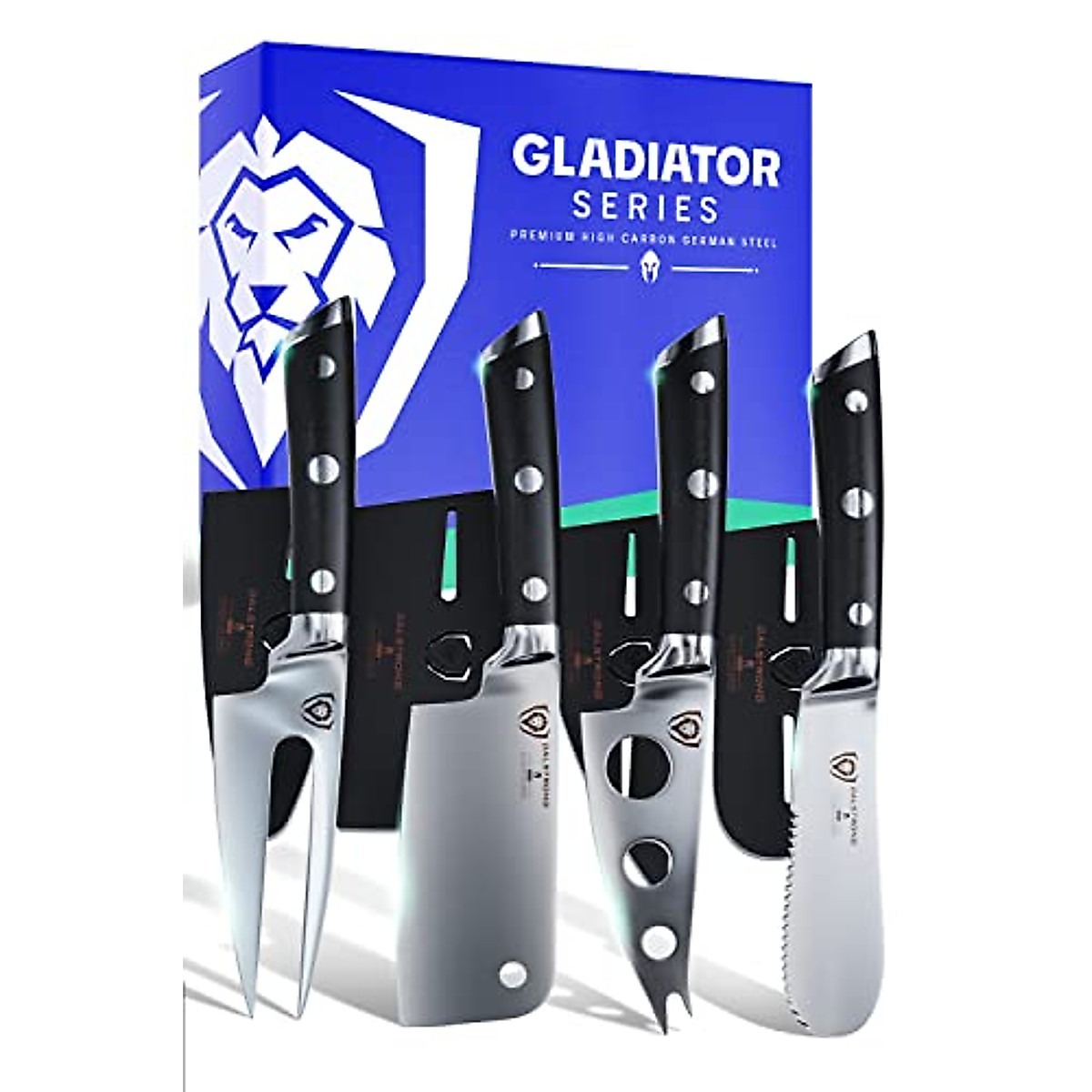 Dalstrong Charcuterie & Cheese Knife Set - 4-Piece - Gladiator Series Elite - Mini Cleaver, Serrated, Round-Tip, Forked Cheese Knives, G10 Garolite Handle, Sheath, NSF Certified