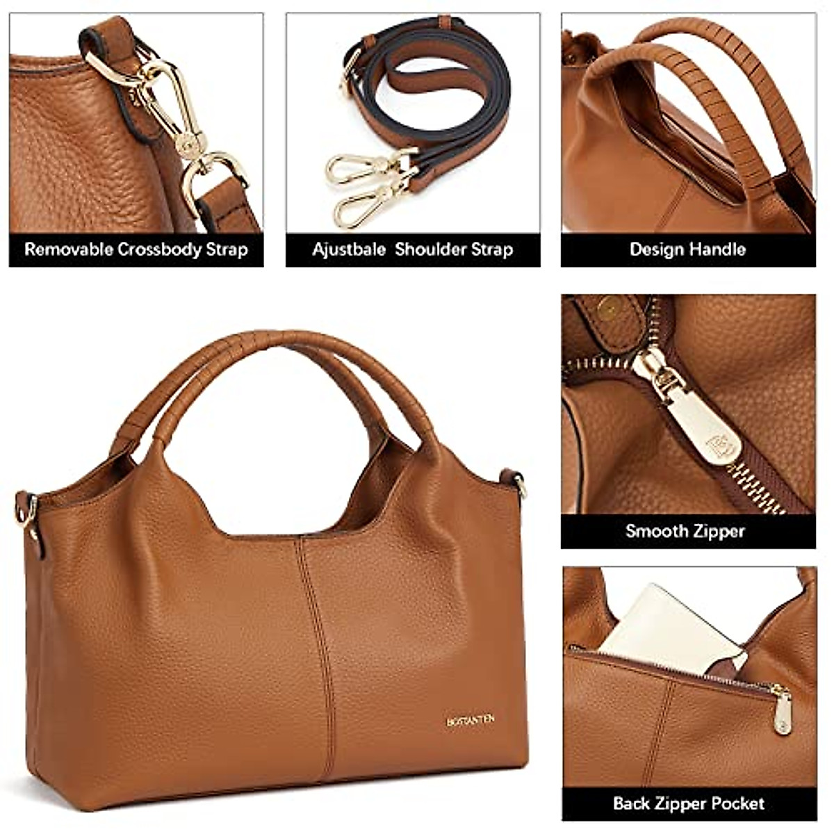 BOSTANTEN Genuine Leather Purses for Women Designer Handbags Crossbody Shoulder Bags Top Handle Satchel Brown
