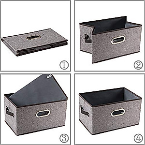 PRANDOM Large Foldable Storage Bins for Shelves [3-Pack] Decorative Linen Fabric Storage Baskets Cubes with Leather/Metal Handles for Closet Nursery Office Grey and Black Trim (14.9x9.8x8.3 Inch)