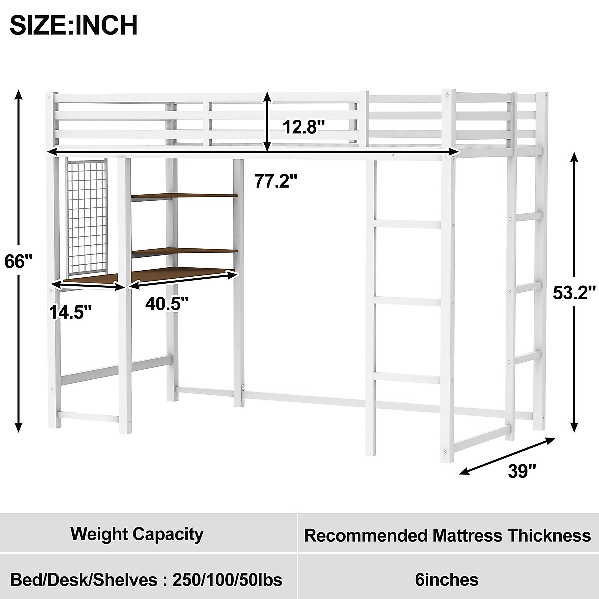 Twin Size Loft Bed with Desk and Shelves, Metal Loft Bed Frame with Metal Grid & Safety Guardrails & 2 Ladders, Space Saving Loft Beds for Kids, Teens, Adults, No Noise, No Box Spring Needed, White