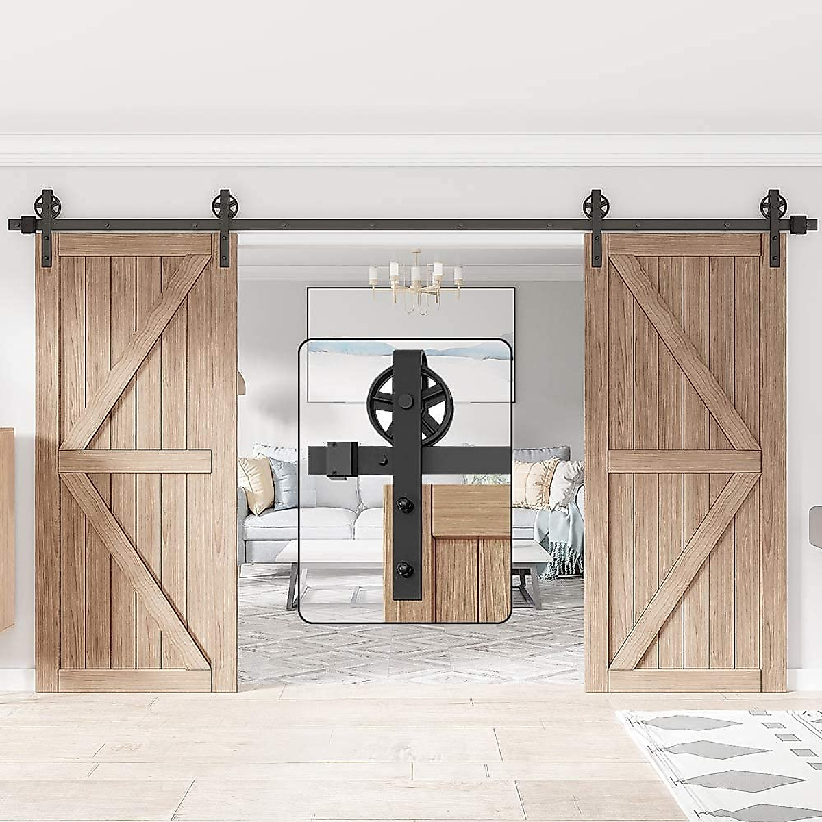 WINSOON 11FT Wood Double Sliding Barn Door Hardware Basic Black Big Spoke Wheel Roller Kit with 2PCS 12 Inch Sliding Barn Door Handles Black Hardware with Pull and Flush Barn Door Handle Set