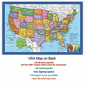 Classic United States USA and World Desk Map, 2-Sided Print, 2-Sided Sealed Lamination, Small Poster Size 11.5 x 17.5 inches (1 Desk Map)
