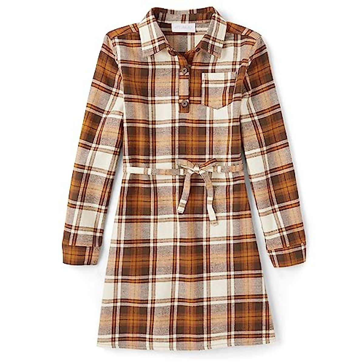 The Children's Place Girls' One Size Long Sleeve Plaid Fall Fashion Dress, Hay Stack, Medium
