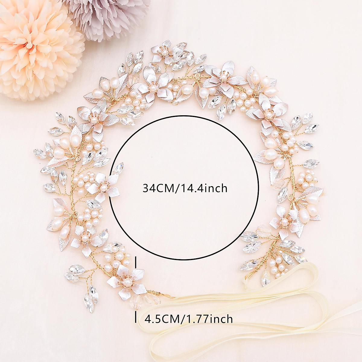 Oriamour Wedding Headband Bridal Headpiece Flower Design With Genuine Freshwater Pearls And Ribbons Hair Accessories For Bride (Gold)