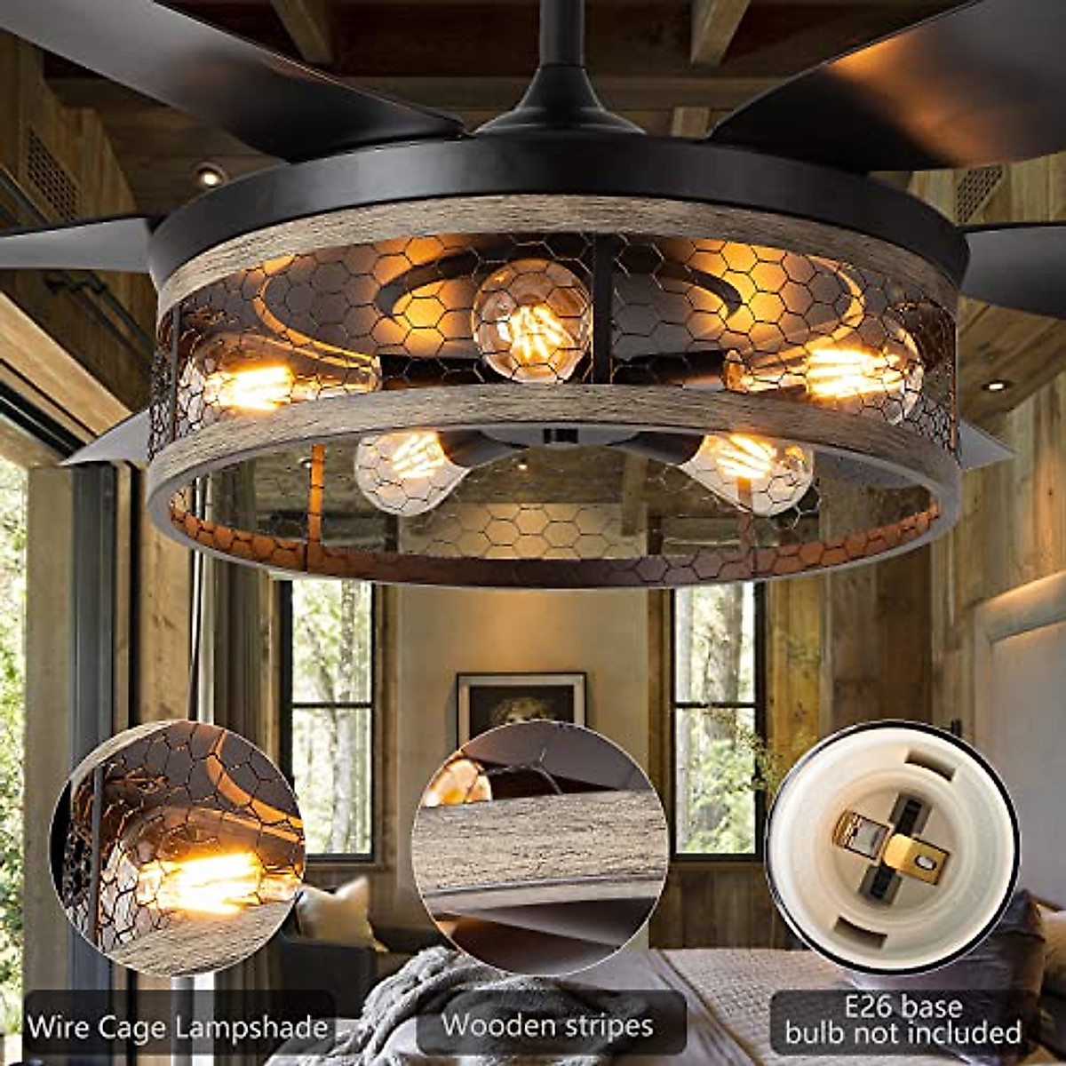 Ohniyou Farmhouse Ceiling Fan with Lights and Remote,52 inch Rustic Ceiling Fan with Caged Light Fixture, Retro Black Outdoor Ceiling Fans for Patio,Living Room,Dining Room,Bedroom