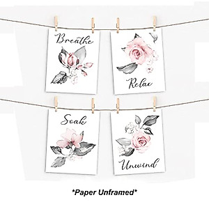 heilkee Pink Flower Wall Art Bathroom Grey Wall Decor Relax Soak Unwind Breathe Wall Pictures Bathroom Signs Set of 4(UNFRAMED 8x10in)