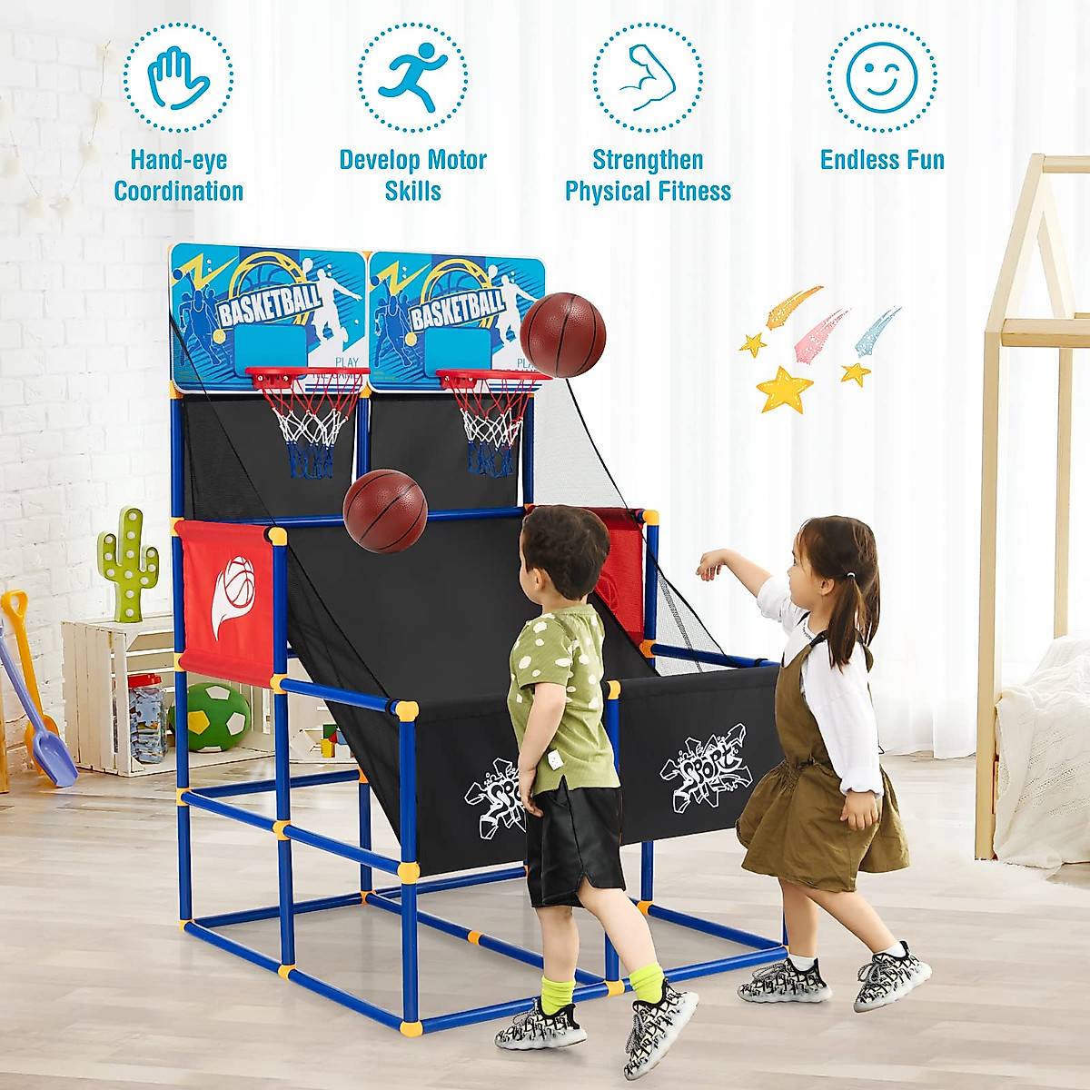 Goplus Kids Basketball Arcade Game, Dual Shot Basketball Game for 2 Players with 4 Balls & Inflation Pump, Indoor Outdoor Sport Play Birthday Gift Basketball Toy Set for Toddlers Children Teens Youth