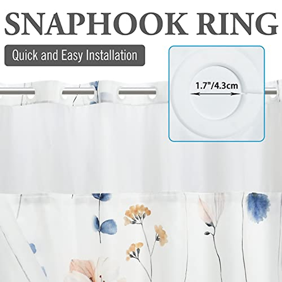 WITHLOC No Hook Shower Curtain with Snap in Liner - Watercolor Floral Shower Curtain - Fabric Waterproof Inner Liner, Plants Blue Beige Flowers White Cloth Shower Curtains Washable, 71 x 74 Inch