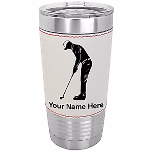 LaserGram 20oz Vacuum Insulated Tumbler Mug, Golfer Putting, Personalized Engraving Included (Faux Leather, Baseball Style)