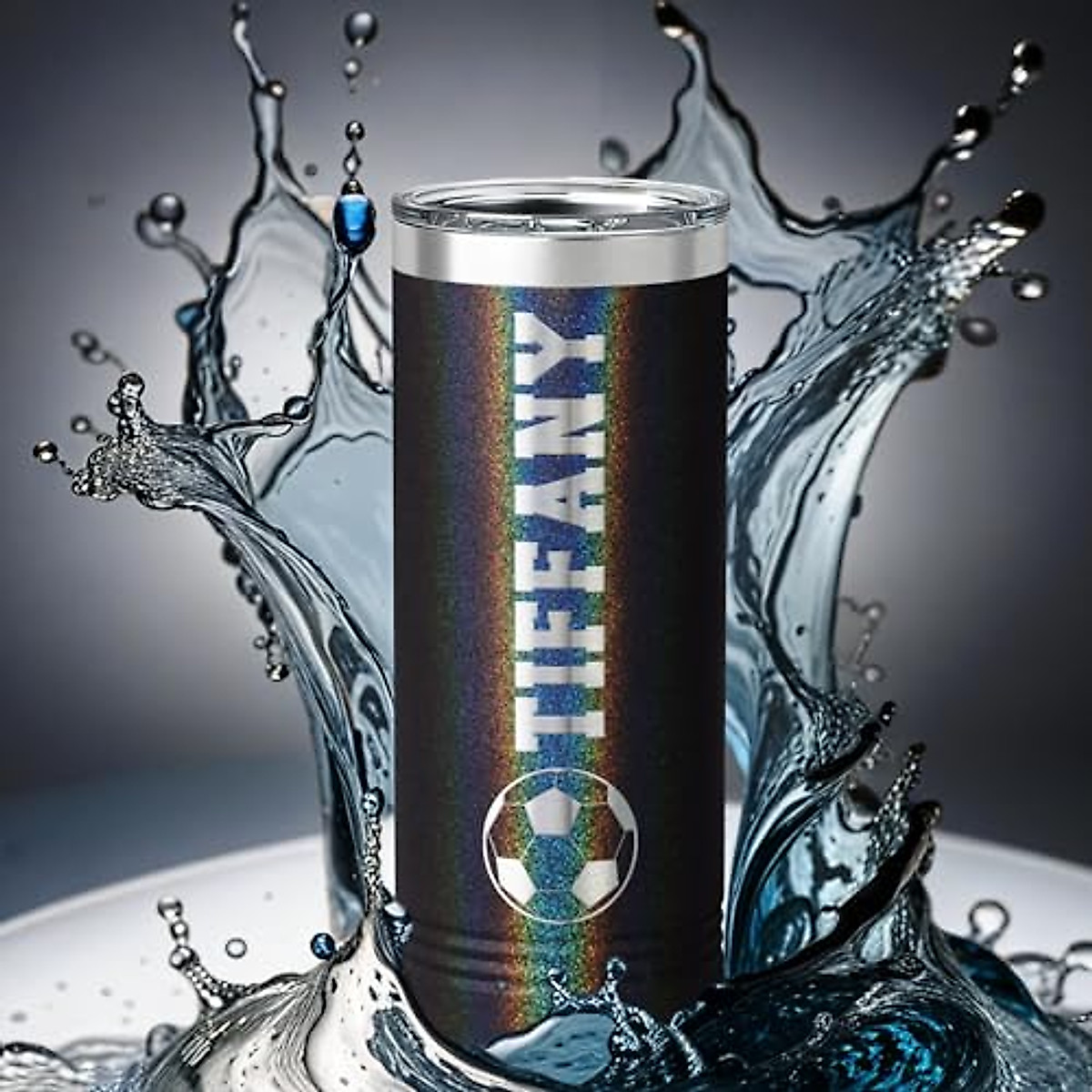 Personalized Soccer Ball Tumbler with Lid Laser Engraved on Black Glitter 22 oz Stainless Steel Insulated Cup Birthday Gift for Men, Women, Sports Lover