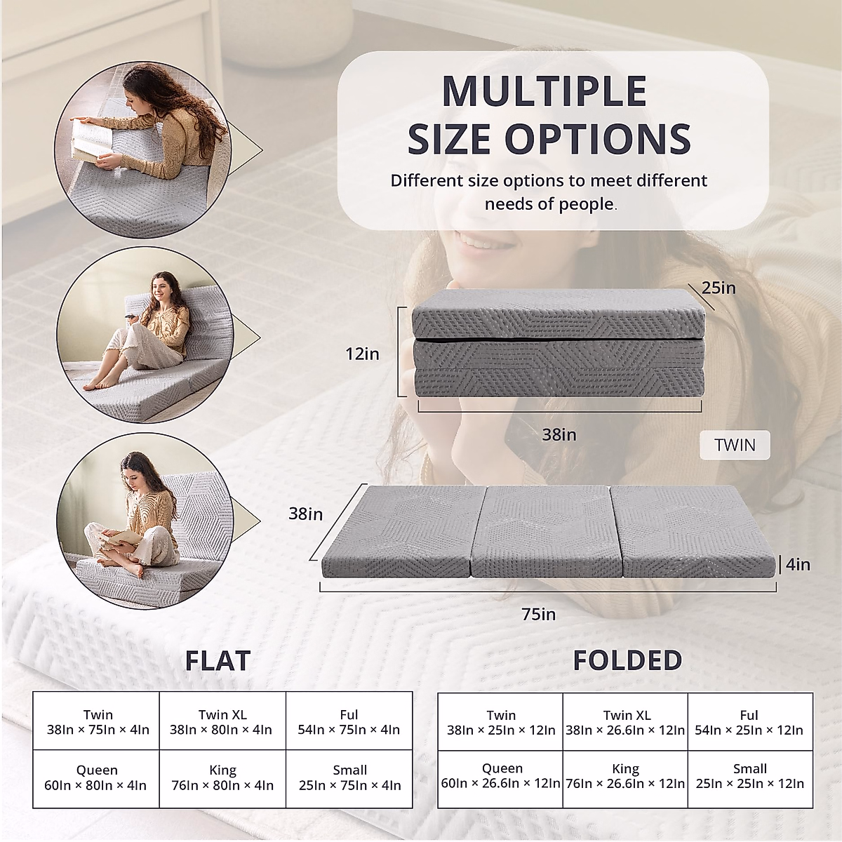 Folding Mattress, 4 Inch Twin XL Tri Folding Memory Foam Mattress for Camping Guest Bed, Washable Cover & Non-Slip Bottom, 80" x 38" x 4", Grey