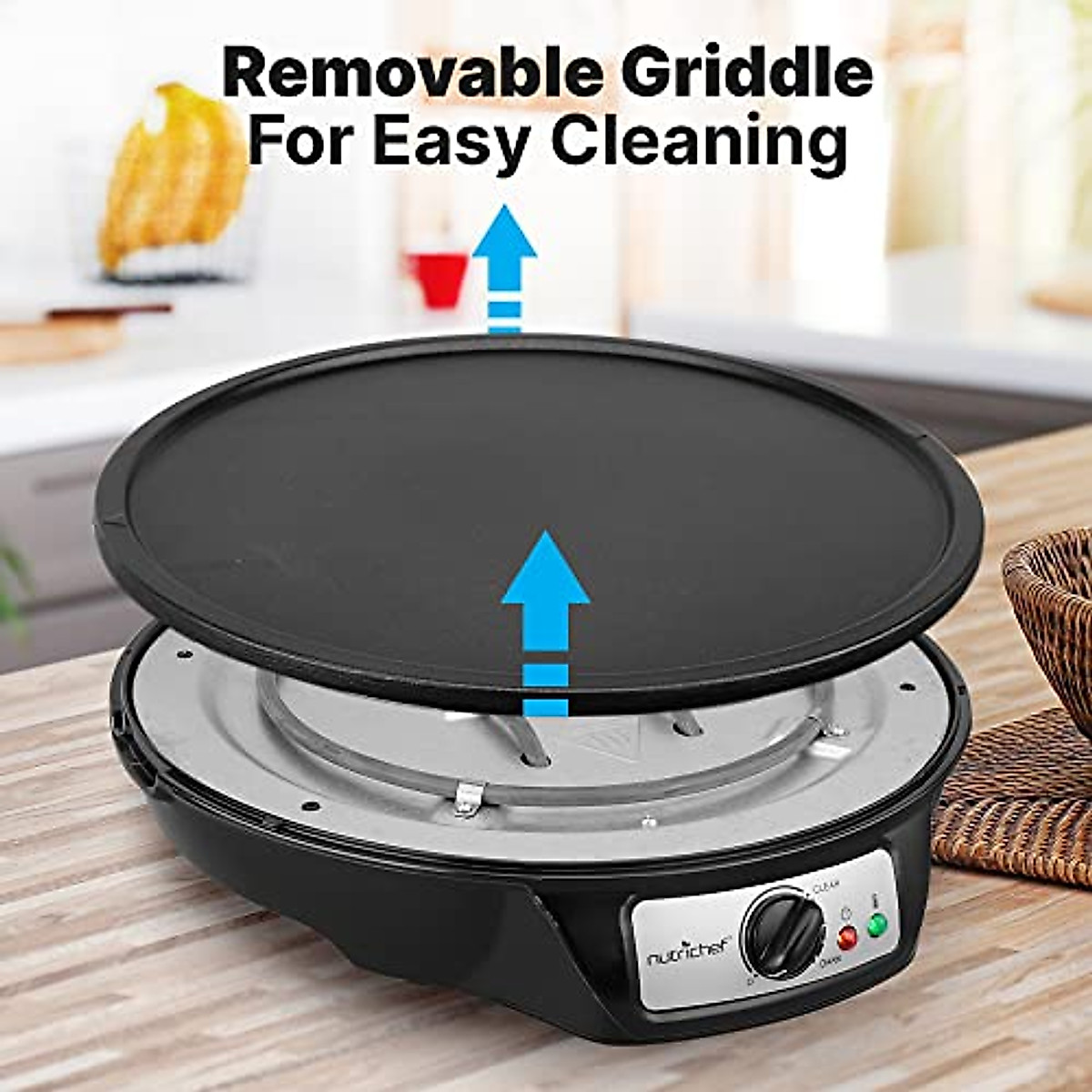 NutriChef Crepe Maker - Cooks Bacon, Roti, Tortillas & Omelets - Easy to Clean Detachable Cooktop - 12 inch Cook Area with Adjustable Temperature - Includes Wooden Spatula & Batter Spreader