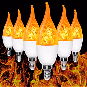 AYOGU 6-Pack LED Flame Light Bulb, 3 Mode E12 Edison Bulb, 1.2W Warm White, for Chandelier, Halloween Decorations, Christmas, Outdoor, Indoor