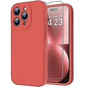 bicol for iPhone 15 Pro Max Case with Screen Protector,Enhanced Camera Lens Protection,Soft Liquid Silicone Slim Fit Protective Phone Cover 6.7" Coral