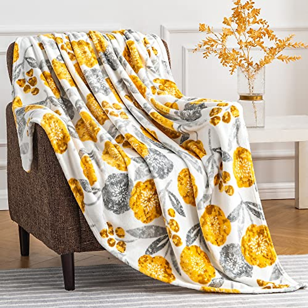 BEDELITE Fleece Throw Blanket for Couch and Bed 60" X 70", 350GSM Thick & Warm Oversized Fall Blanket - Farmhouse Boho Soft Cozy Fuzzy Blankets(Yellow Floral)