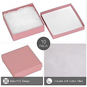 Cardboard Jewelry Boxes 10 Pack - 3.5"x3.5"x1" Bulk Cotton Filled Small Gift Boxes with Lids for Jewelry Packaging (Baby Pink)