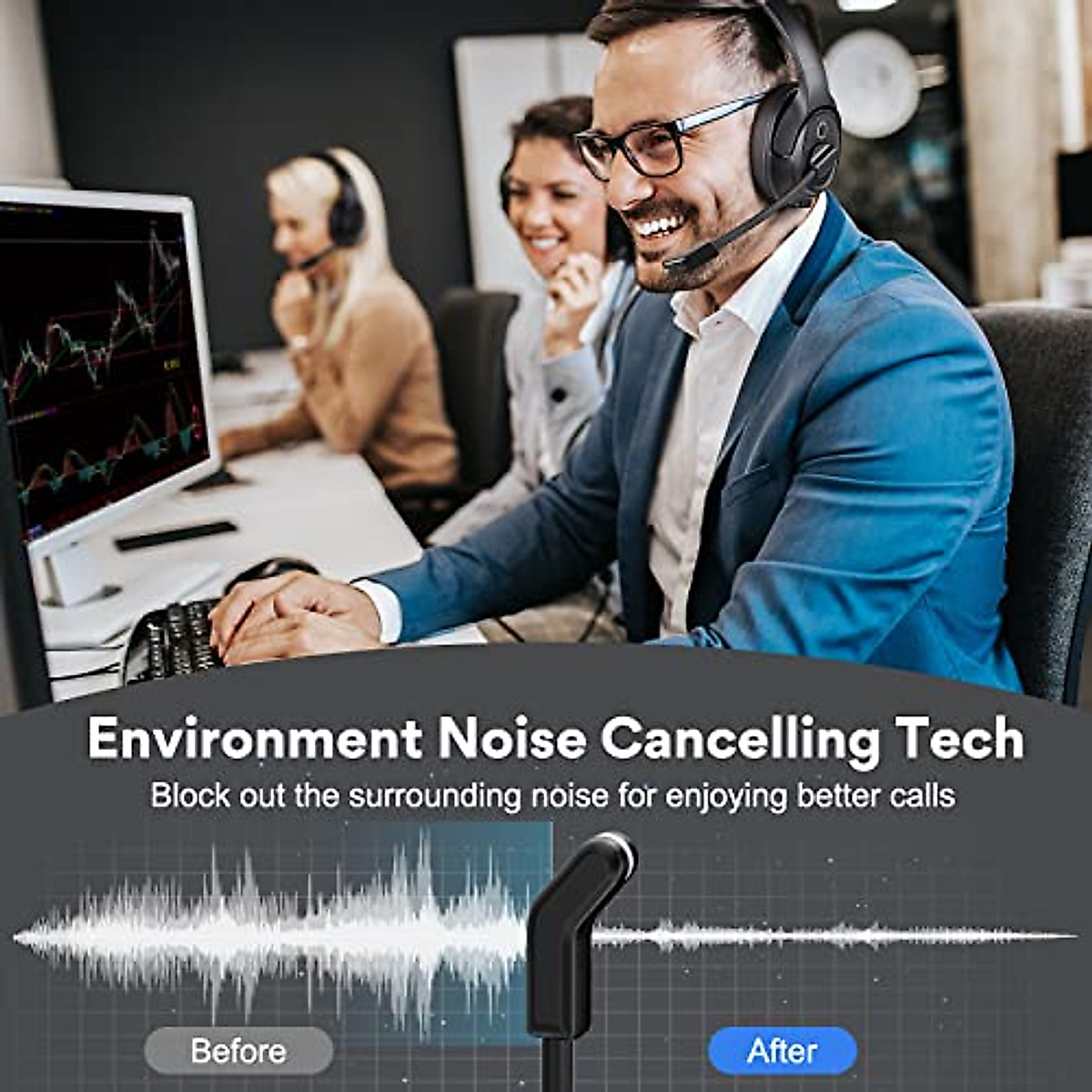 EKSA Bluetooth Headsets with Microphone & USB Dongle, 30 Hours Talk Time & 33ft Range, AI Environmental Noise Cancelling Mic, Over-Ear Wireless Headphone for PC/Laptop/Computer/Home/Work/Office/Zoom