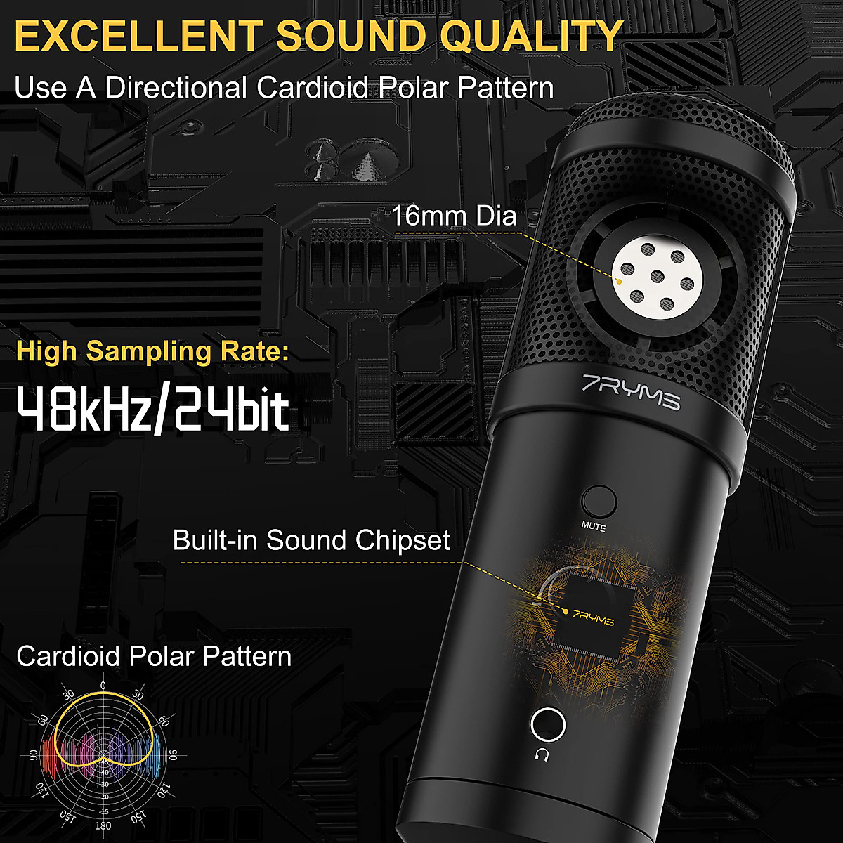 7RYMS SR-AU01-K1 Podcast Microphone Kit with Arm Stand, USB Condenser Microphone for Computer PC Smartphone, Suitable for Gaming Singing Podcasting Recording Live-Streaming