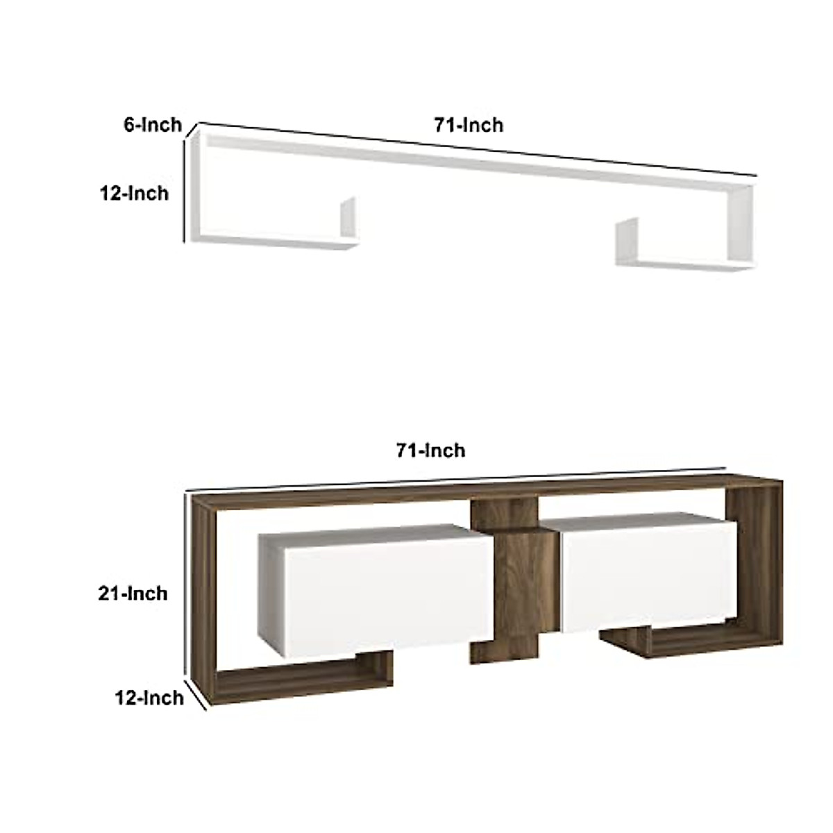 The Urban Port 71-Inch Wooden TV Console Entertainment Media Center, 2-Piece Set, Wall Mounted Floating Shelf, White and Brown